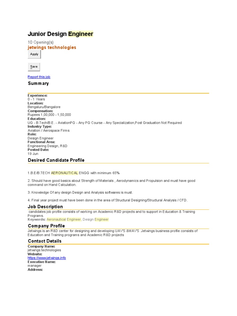 Junior Design Engineer Position in Aviation | PDF