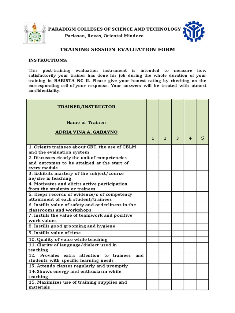 BARISTA-training-session-evaluation-form | PDF | Educational Technology ...
