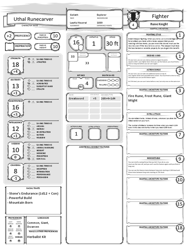 Uthal Runecarver Character Sheet | PDF | Gaming | Role Playing Games