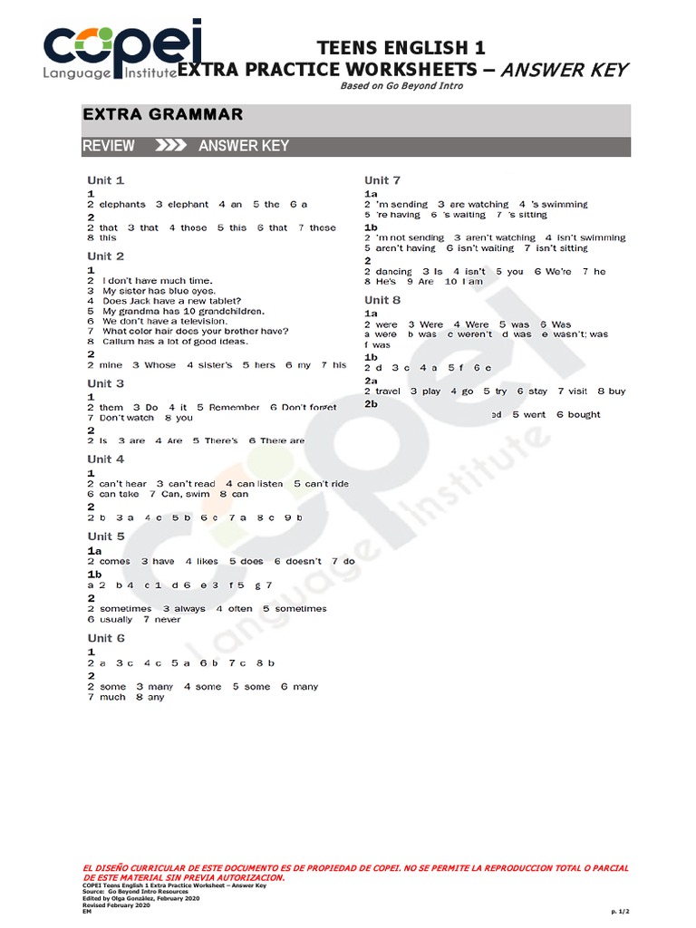 Teens English 1 Extra Practice Worksheets - : Answer Key | PDF