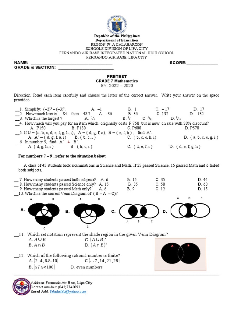 NAME: - SCORE: - GRADE & SECTION: - Pretest | PDF | Numbers | Arithmetic