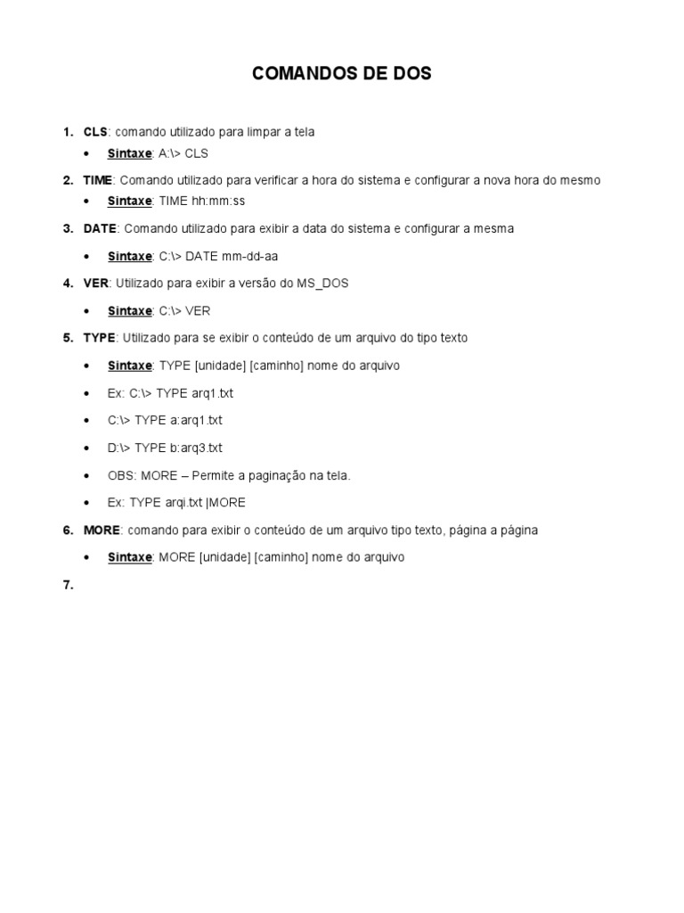 Comandos básicos do DOS e suas funcionalidades | PDF | Drive de disco ...