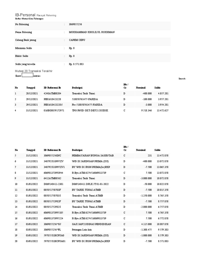 IB-Personal: Riwayat Rekening | PDF