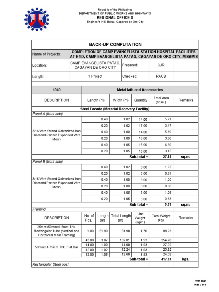 Back-Up Computation: Name of Projects: Camp Evangelista Patag, Cagayan ...