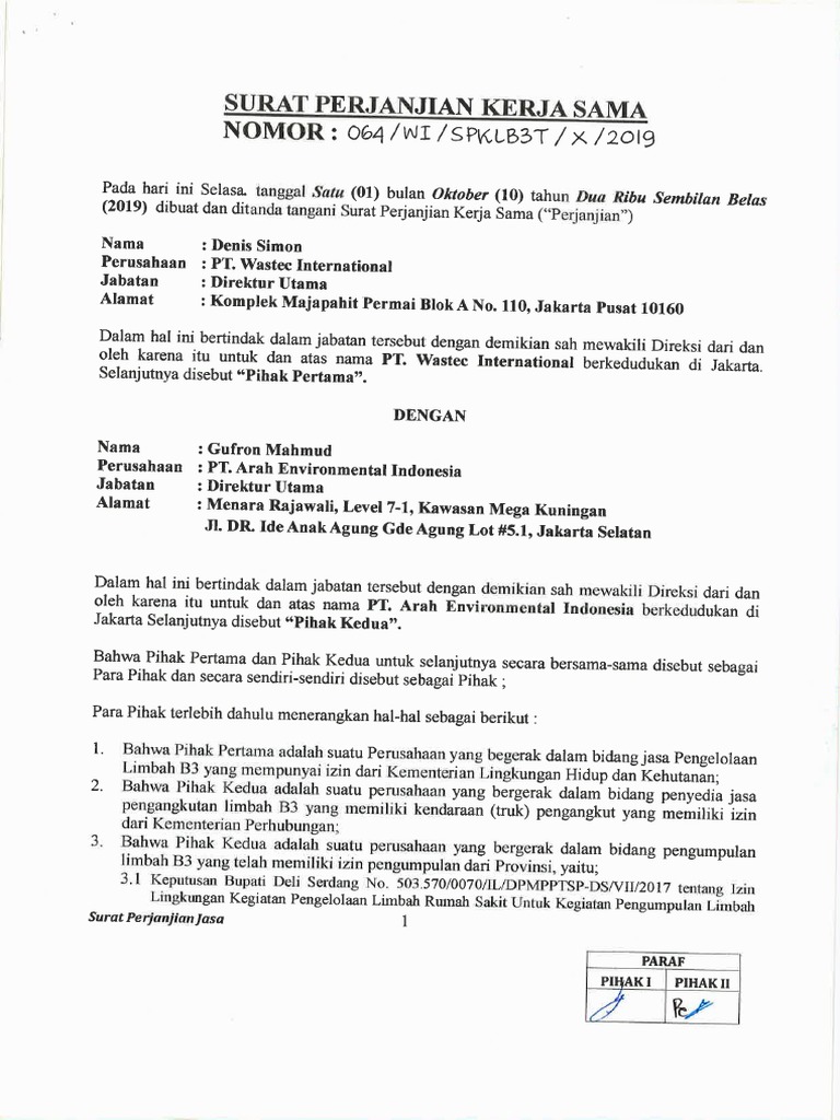 MoU PT Arah - PT Wastec (2019 SD 2020) | PDF