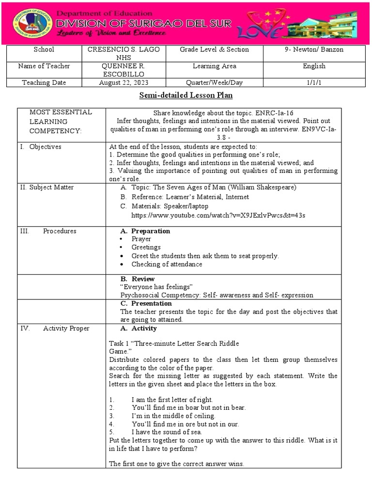 Semi-Detailed Lesson Plan: A. Preparation | Download Free PDF | Learning | Teachers