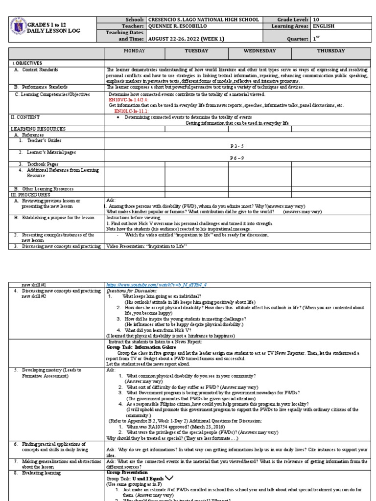 DLL Q1 WK1 | PDF | Learning | Disability
