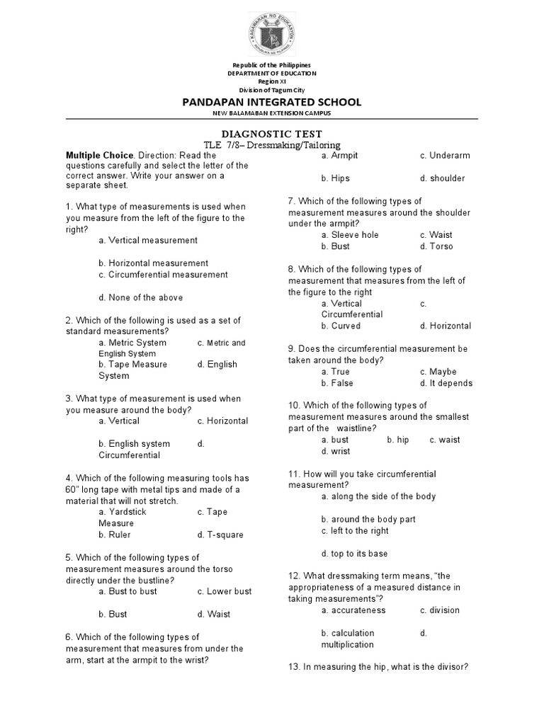 Pandapan Integrated School: Diagnostic Test | PDF | Measurement | Metrology