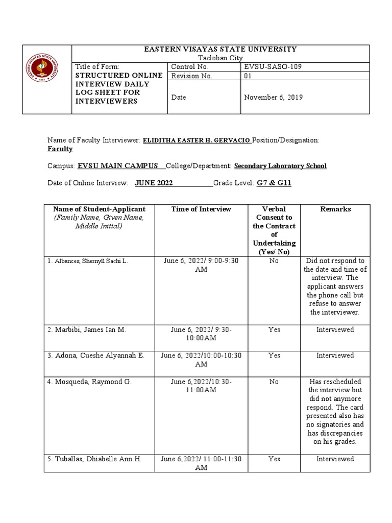 EVSU Online Interview Log Sheet 2022 | PDF