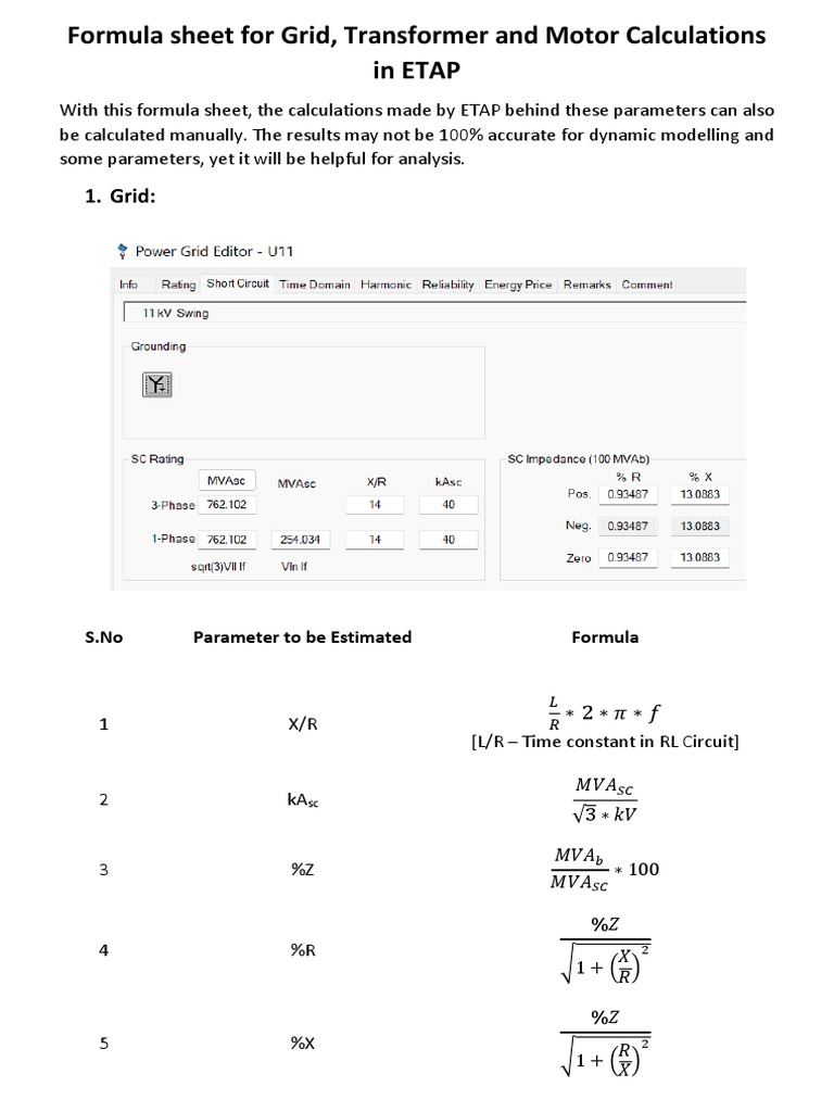 Formula Sheet For Grid, Transformer and Motor Calculations in Etap | PDF | Electric Motor ...