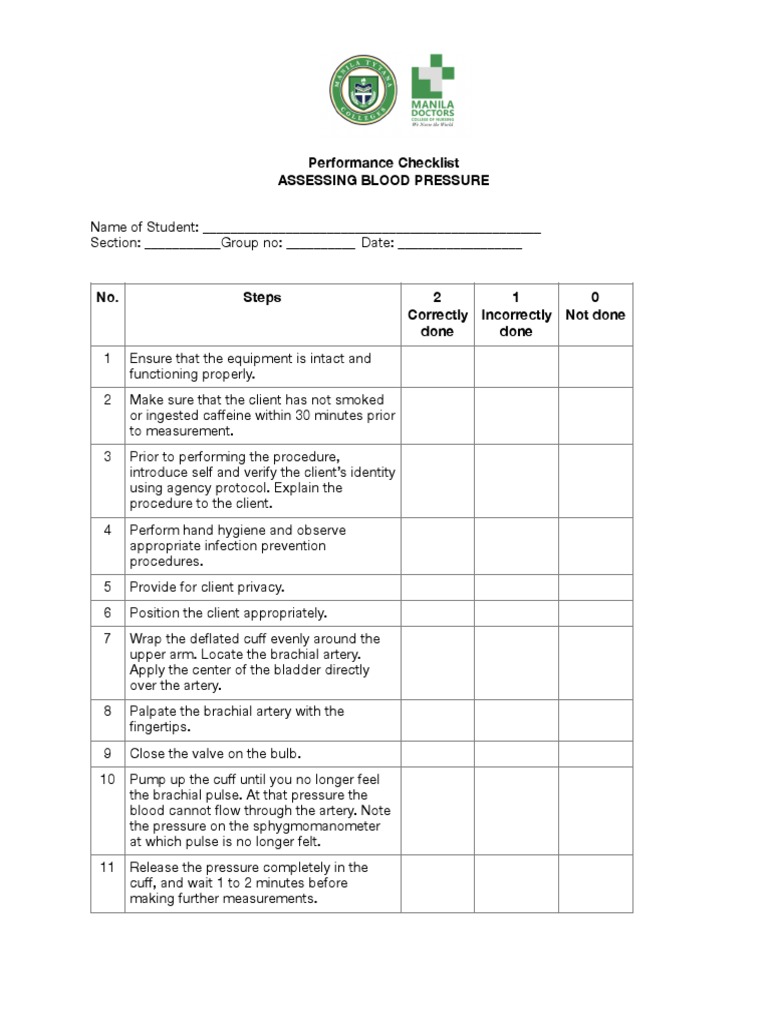 NCM 103 RLE Checklist - Blood Pressure | PDF | Clinical Medicine ...