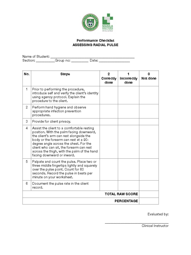 Radial Pulse Assessment Checklist | PDF