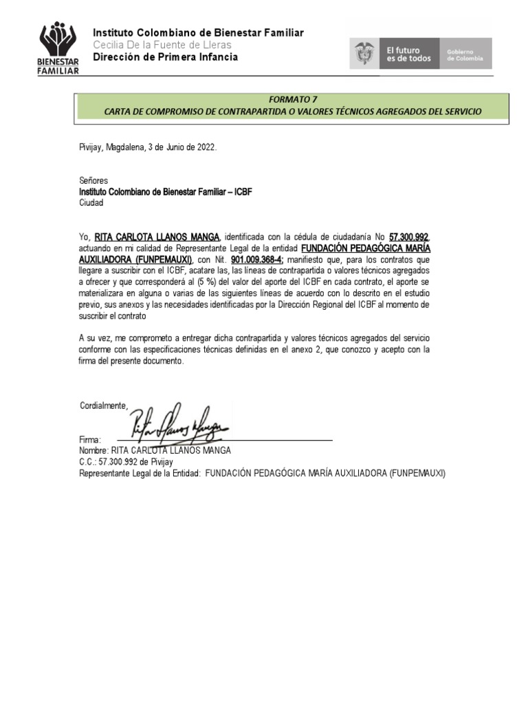 Carta de Compromiso de Contrapartida ICBF | PDF | Finanzas y dinero