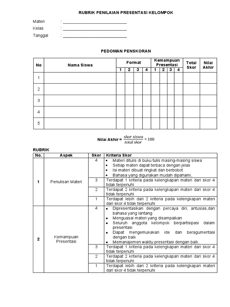 Rubrik Penilaian Presentasi Kelompok | PDF