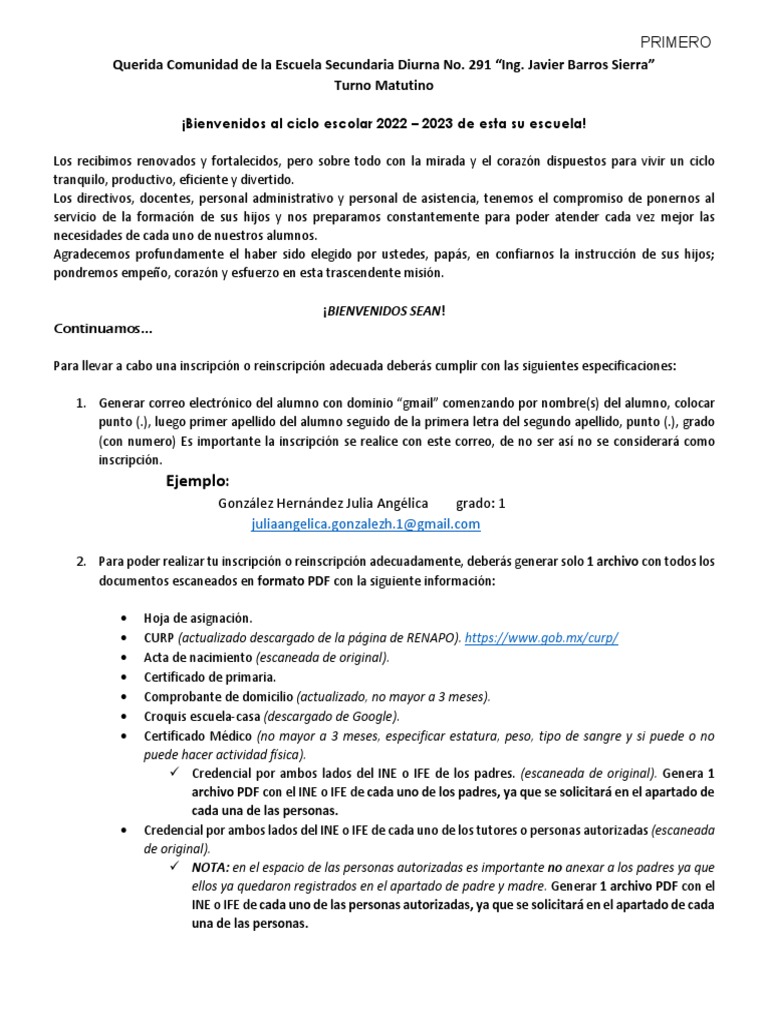 Querida Comunidad de La Escuela Secundaria Diurna No. 291 "Ing. Javier Barros Sierra" Turno ...