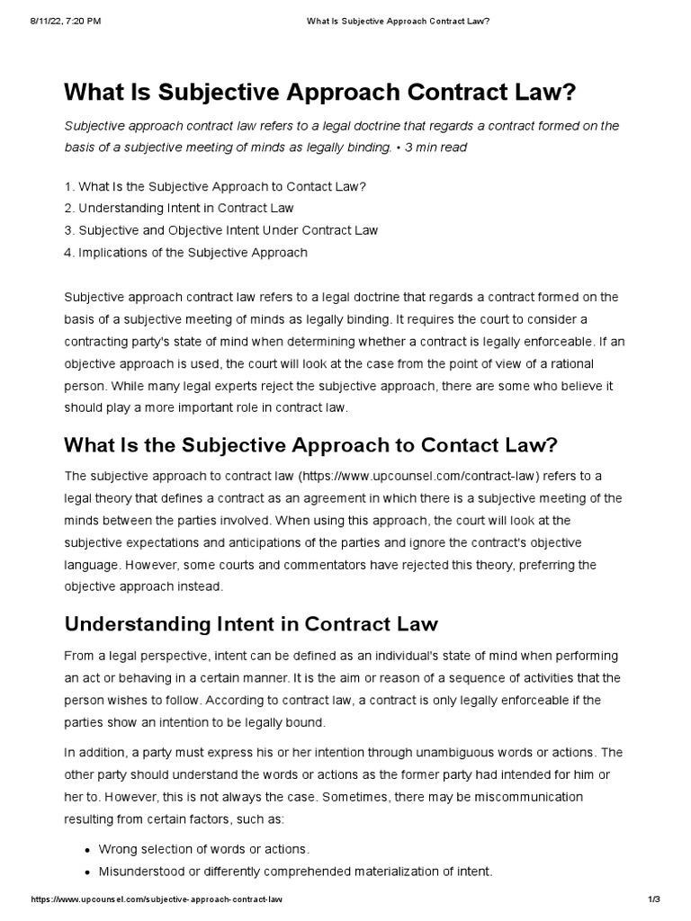 What Is Subjective Approach Contract Law | PDF | Intention | Mind