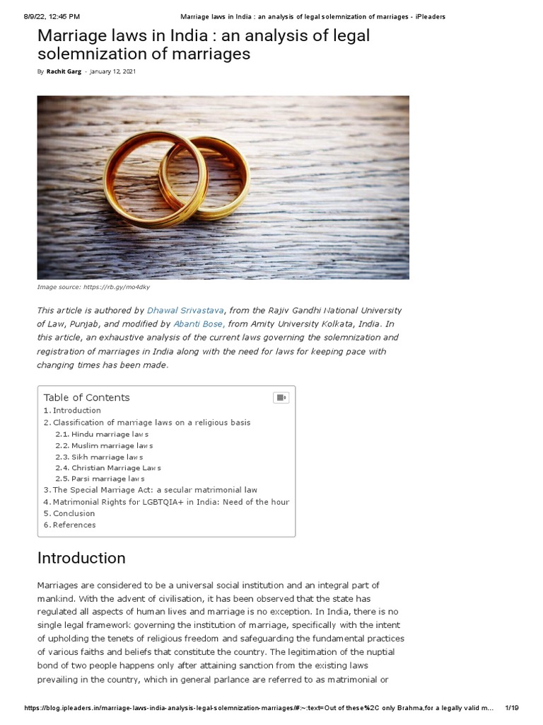 Marriage Laws in India - An Analysis of Legal Solemnization of Marriages - Ipleaders | PDF ...