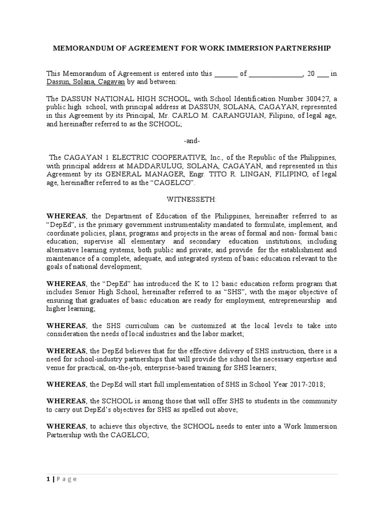 Memorandum of Agreement For Work Immersion Partnership (Cagelco) | PDF ...