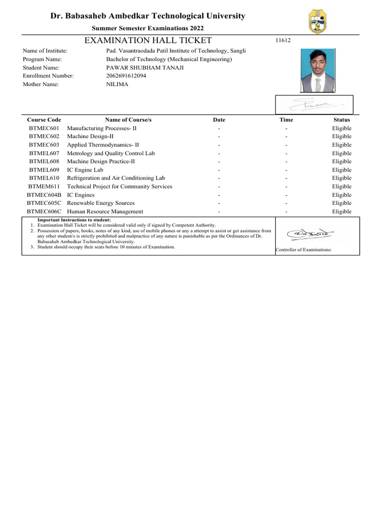 Examination Hall Ticket: Dr. Babasaheb Ambedkar Technological University | PDF | Engineering