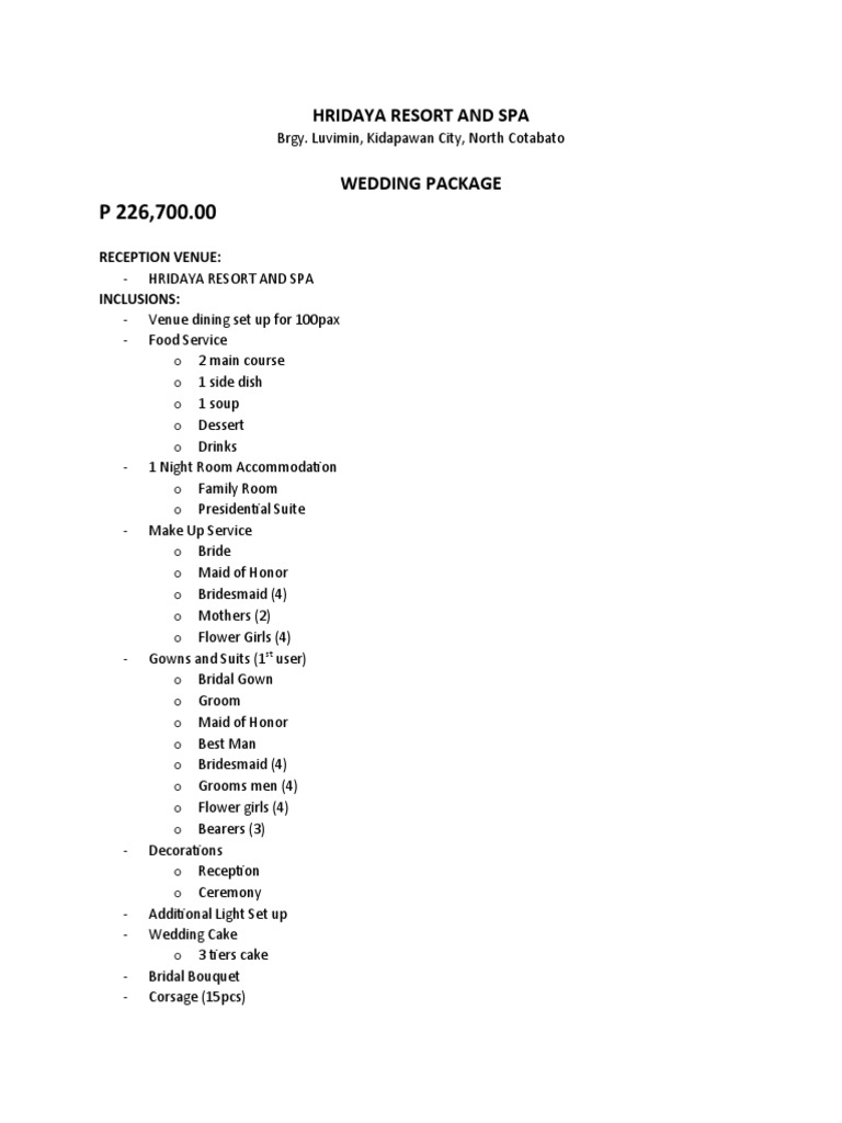 Hridaya Resort and Spa Wedding Package: Reception Venue: Inclusions ...