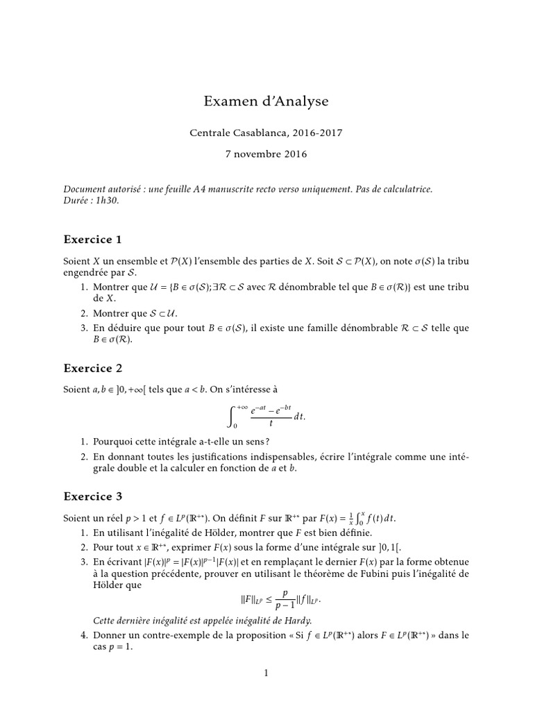 Examen d'Analyse 2016-2017 - Centrale Casablanca | PDF | Limite ...