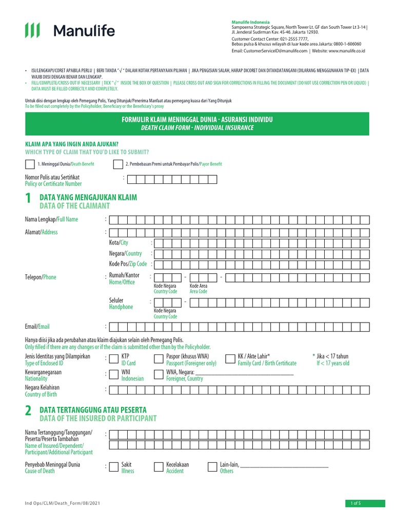 Formulir Klaim Meninggal Dunia - Asuransi Individu | PDF