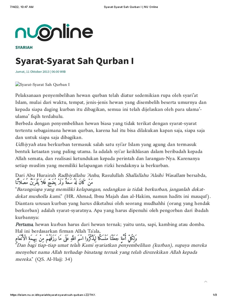 Syarat-Syarat Sah Qurban I - NU Online | PDF