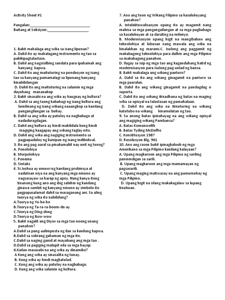Activity Sheet Filipino 11 | PDF