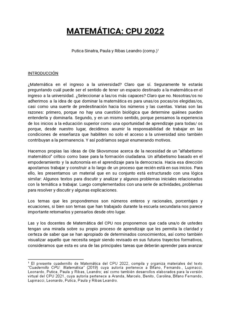 Cuadernillo de Matemática CPU 2022 | PDF | Matemáticas | Ecuaciones
