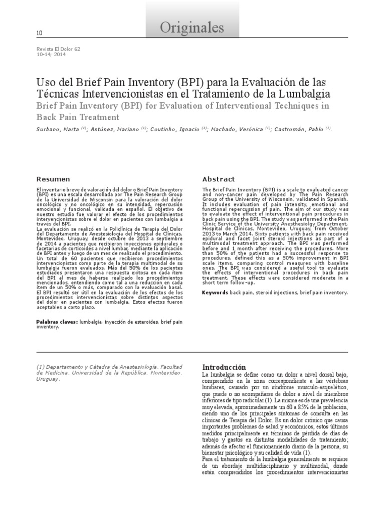 Uso Del Brief Pain Inventory (BPI) para La Evaluación de Las | PDF ...