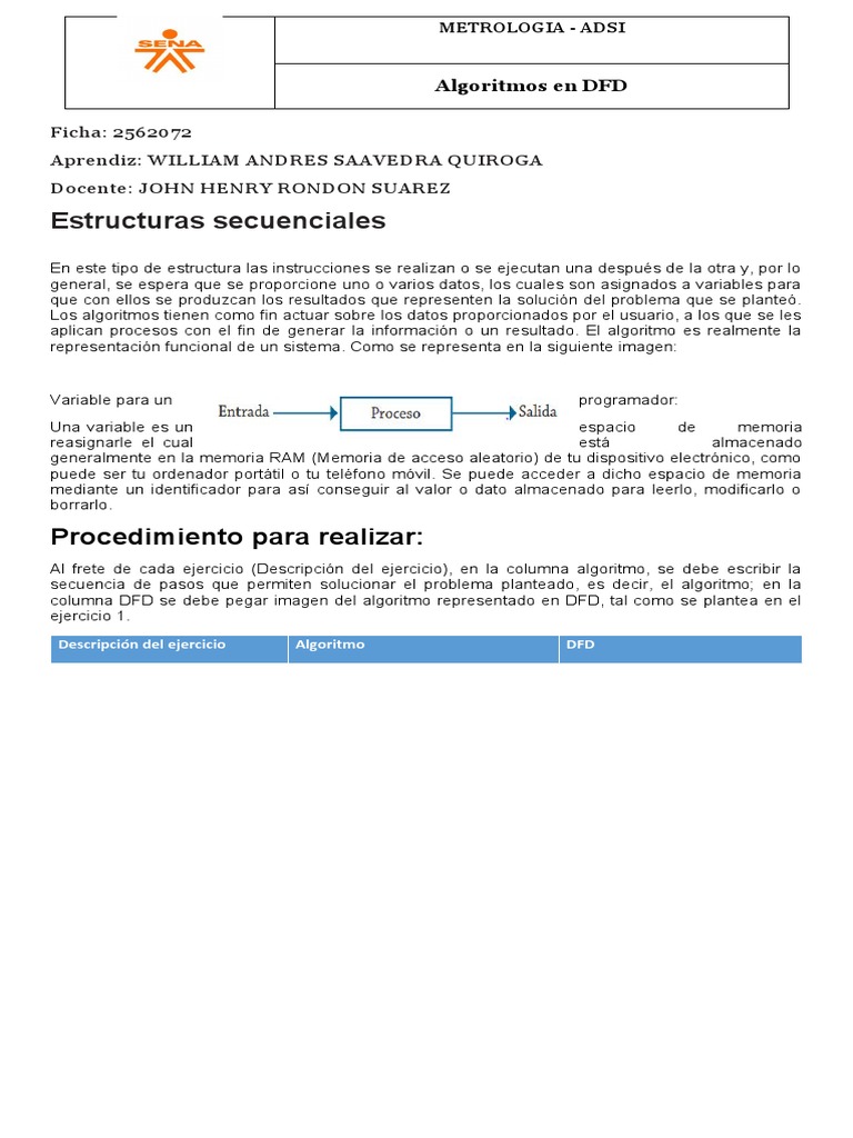 TALLER 2 Algoritmos en DFD WILLIAM SAAVEDRA | PDF | Algoritmos | Almacenamiento de datos de la ...