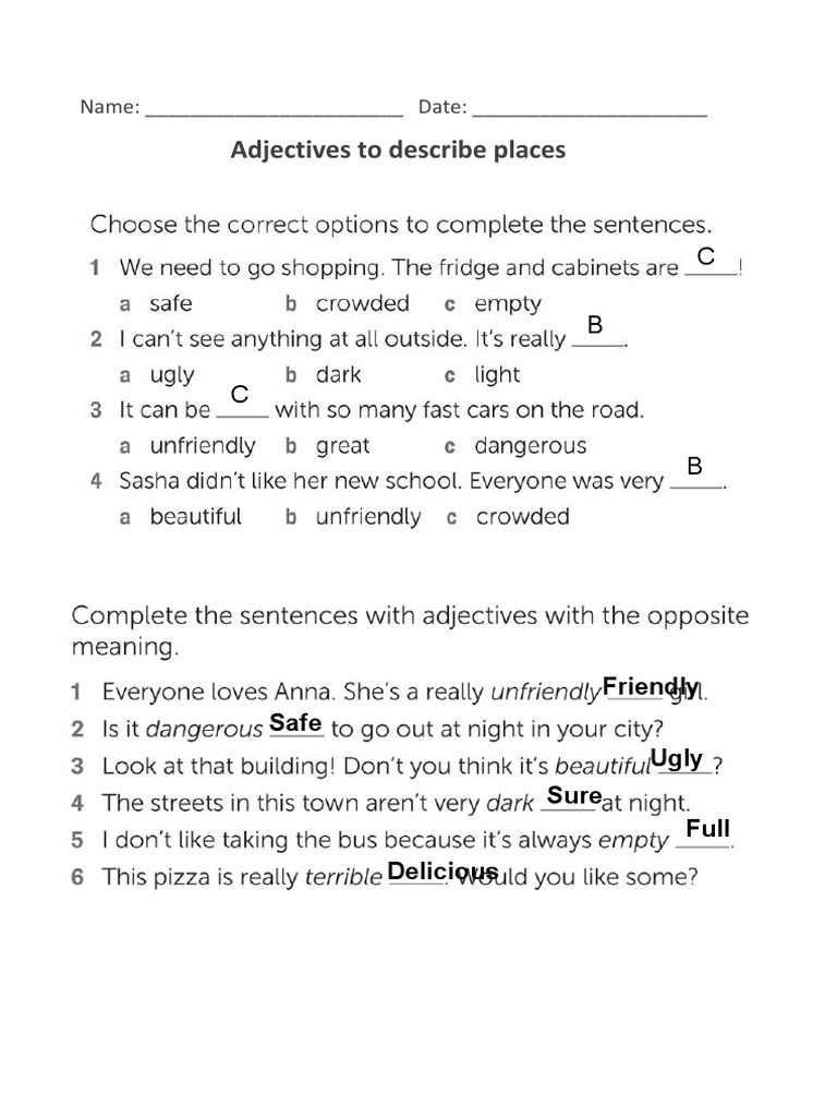 Adjectives To Describe Places HW | PDF