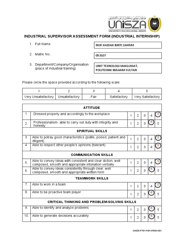 Industrial Supervisor Assessment Form Faculty of Informatics and ...