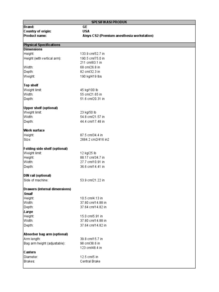 GE Aisys CS2 Anesthesia Workstation Specs | PDF | Breathing