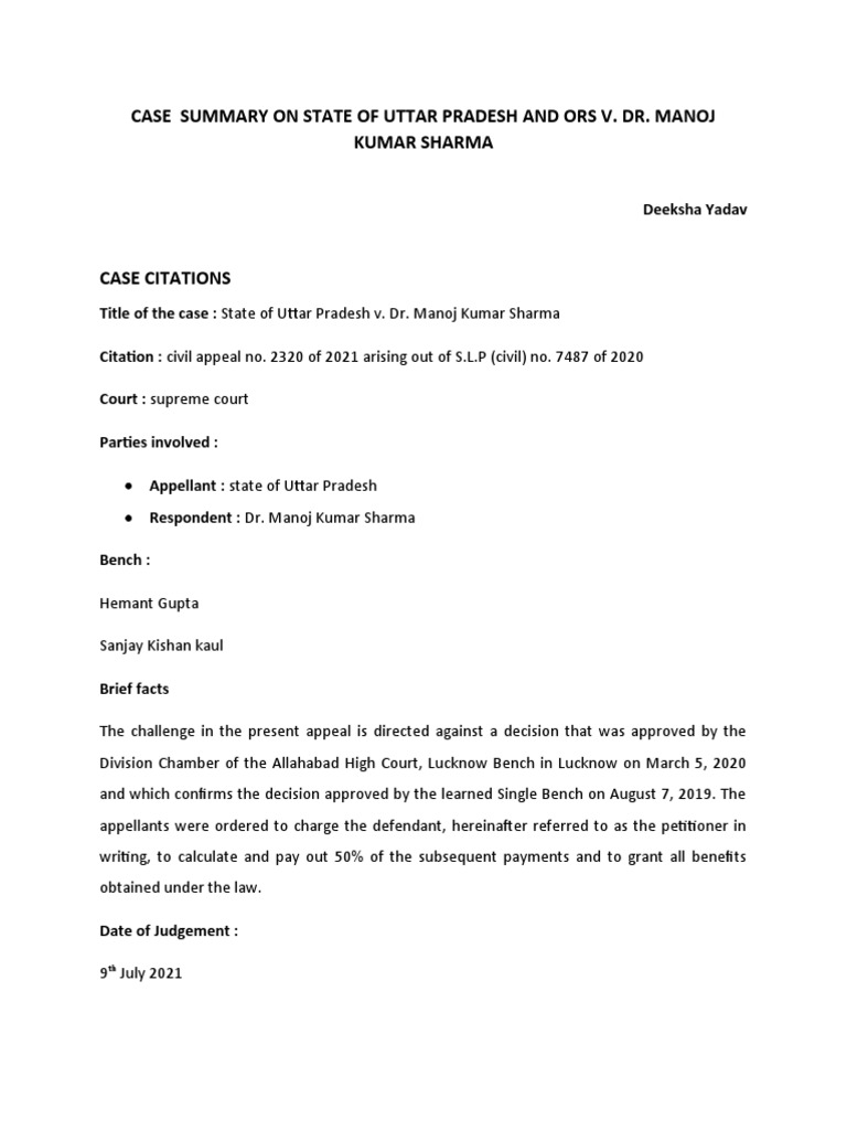 State of Up v. Dr. Manoj Kumar Sharma - Case Analysis | PDF | Appeal | Legal Procedure