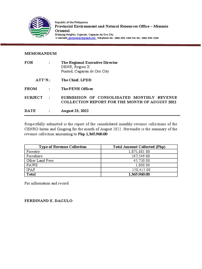 Revenue Collection For The Month of August 2022 | PDF