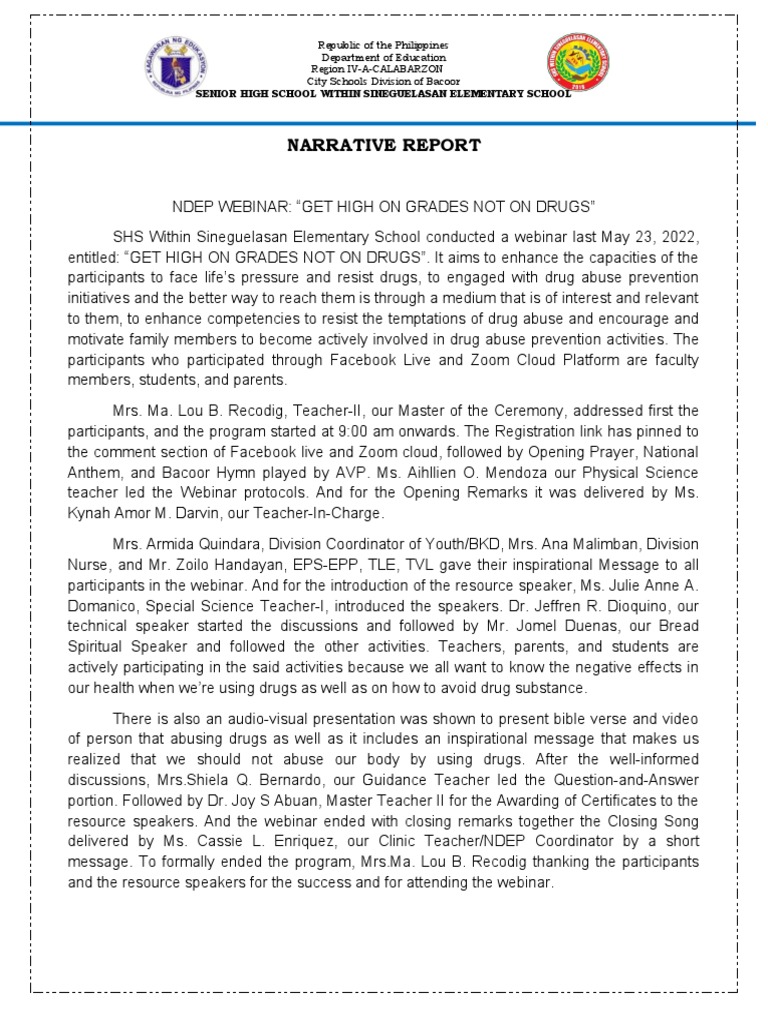 Narrative Report Ndep Get High On Grades Not On Drugs | PDF