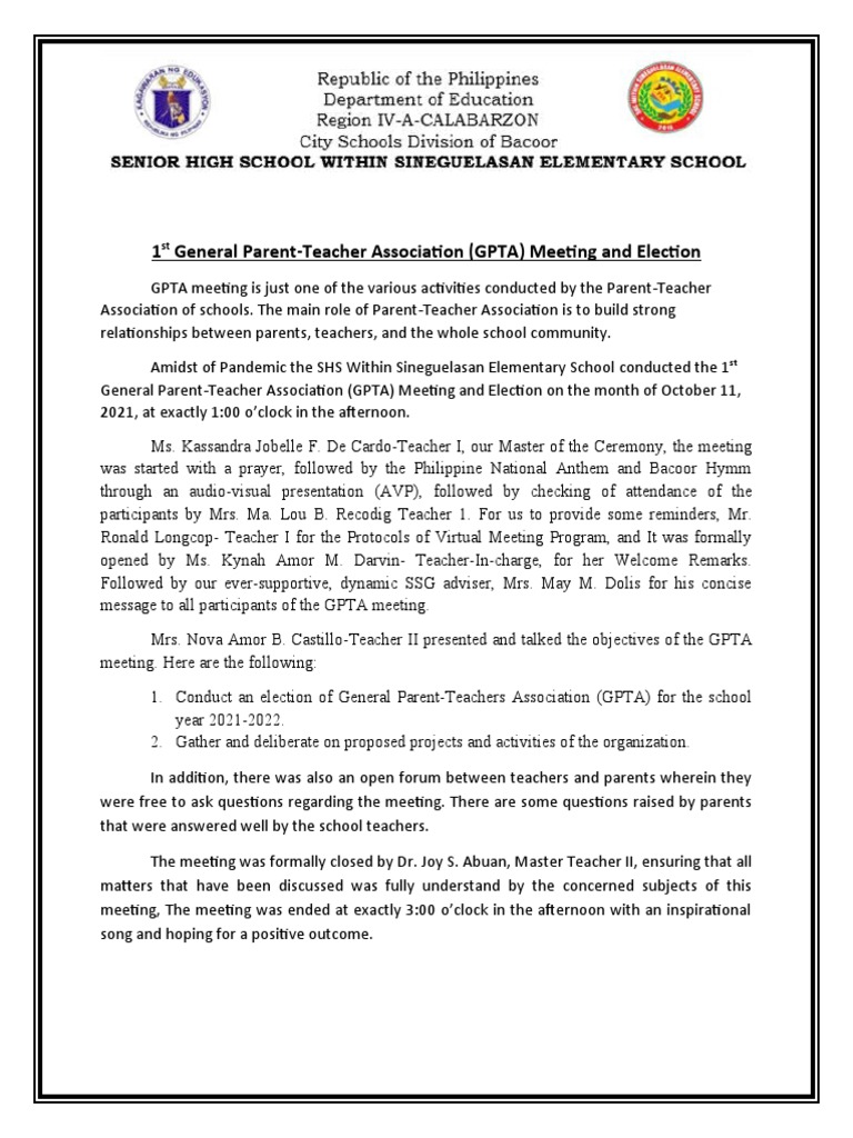 1st GPTA Meeting Report - Sineguelasan | PDF