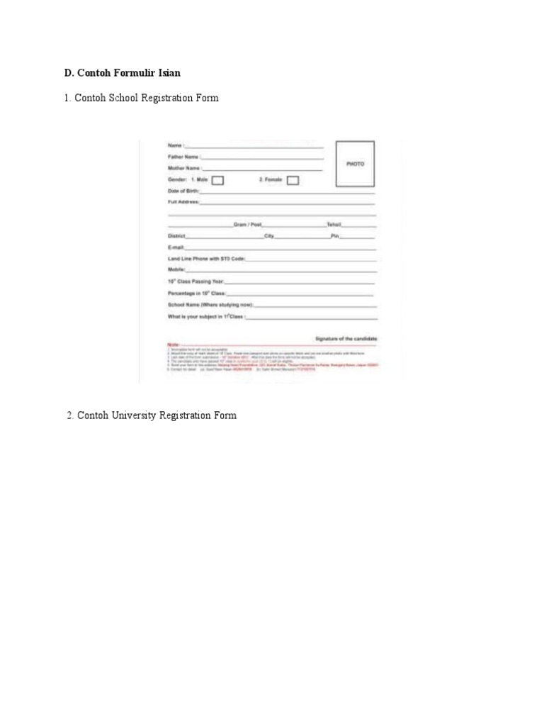 Contoh School Registration Form: D. Contoh Formulir Isian | PDF