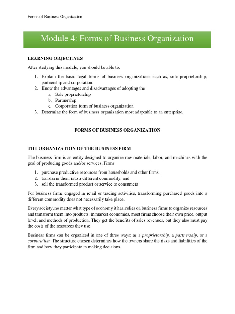 Forms of Business Organization Guide | PDF | Partnership | Business