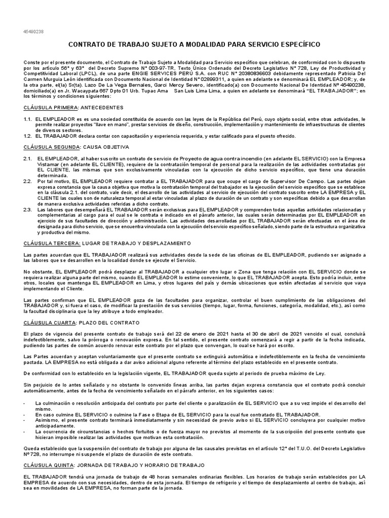 Contrato de Trabajo Sujeto A Modalidad para Servicio Específico | PDF | Regulación | Derecho laboral