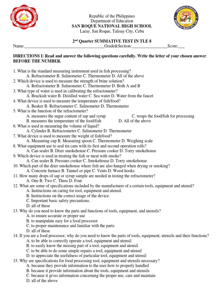 TLE 8 2nd Quarter Summative Test | PDF | Tools | Thermometer