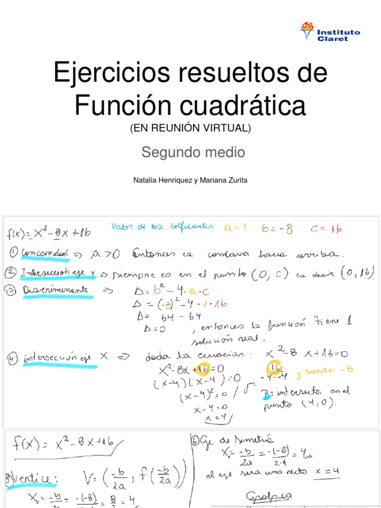 Ejercicios Resueltos de Función Cuadrática MATEMÁTICAS 2° MEDIO | PDF