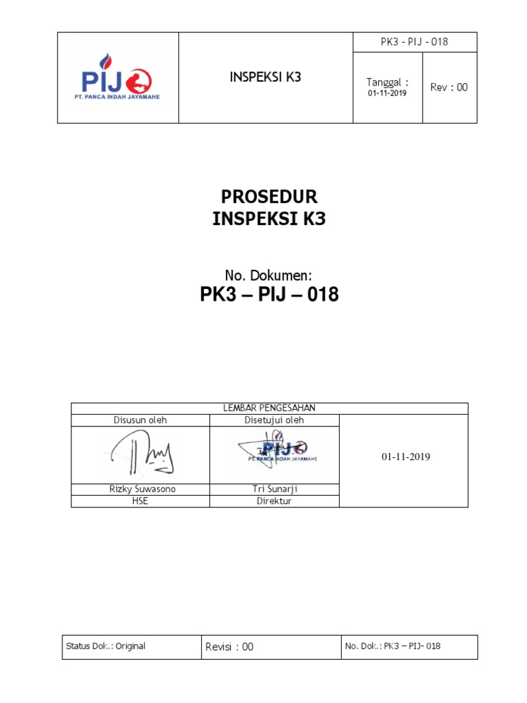 PK3 - PIJ - 018 (Prosedur Inspeksi K3) | PDF