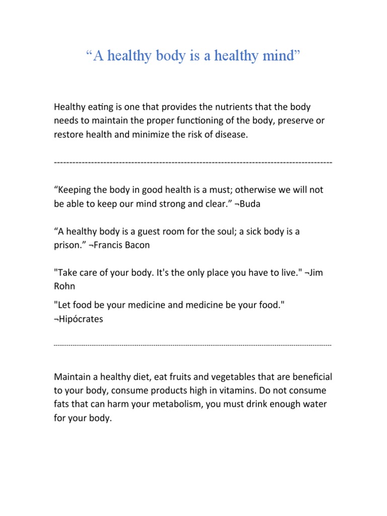 A Healthy Body Is A Healthy Mind | PDF