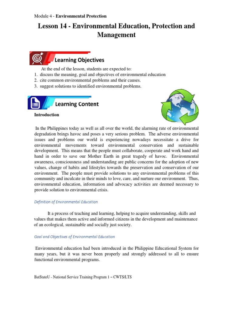 Lesson 14 - Environmental Education, Protection and Management | PDF ...