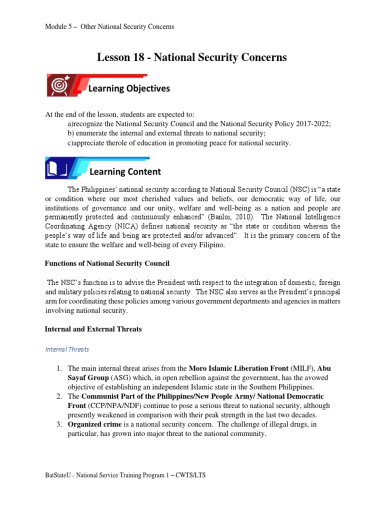 Lesson 18 - National Security Concerns: Learning Objectives | PDF | Behavior | Motivation