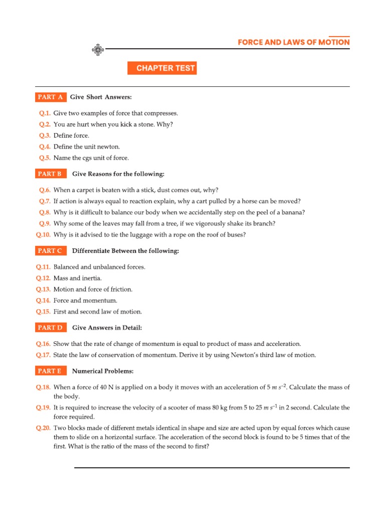 Force and Laws of Motion Chapter Test | PDF | Force | Acceleration