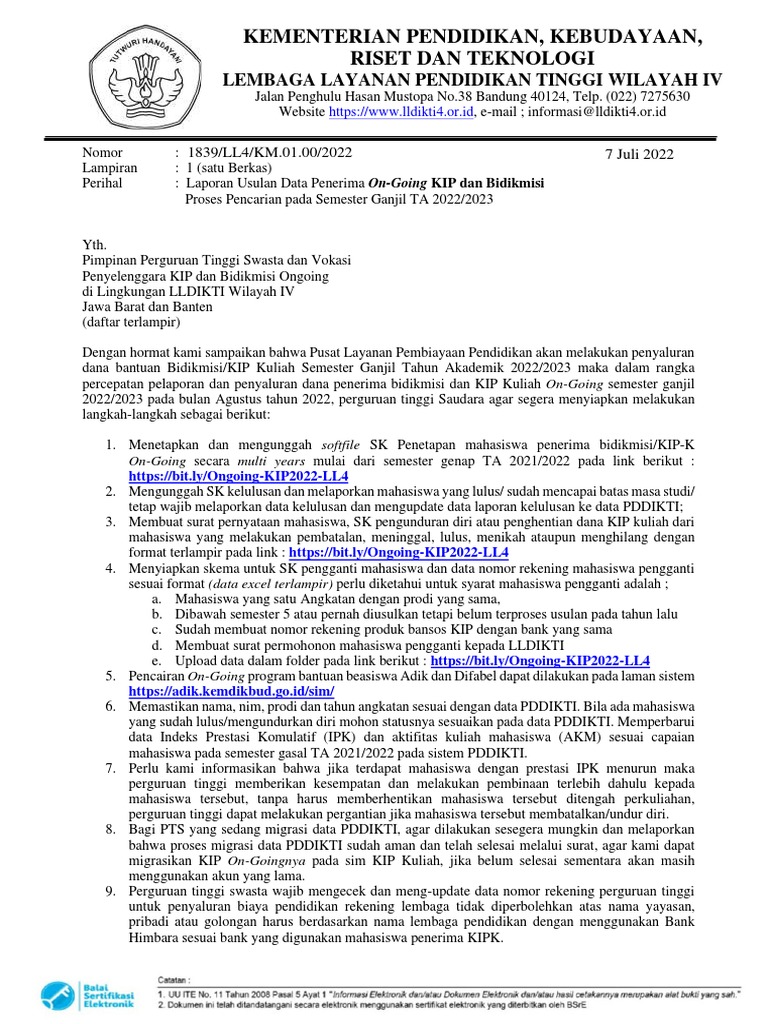 Surat Pemberitahuan Pencairan KIP-BM Semster Ganjil 2021-2022 LLW4 ...