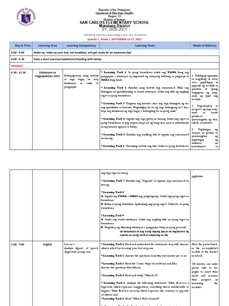 WHLP Grade 6 Q1 W1 All Subjects | PDF